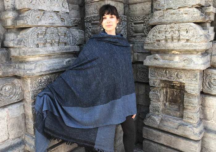 Meditation Shawl – Steel Blue Handwoven Wool – Ishwar